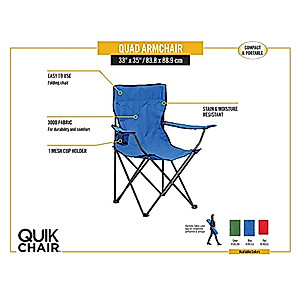 Quik Shade Chair Portable Folding Chair with Arm Rest Cup Holder and Carrying and Storage Bag, Red (146115)