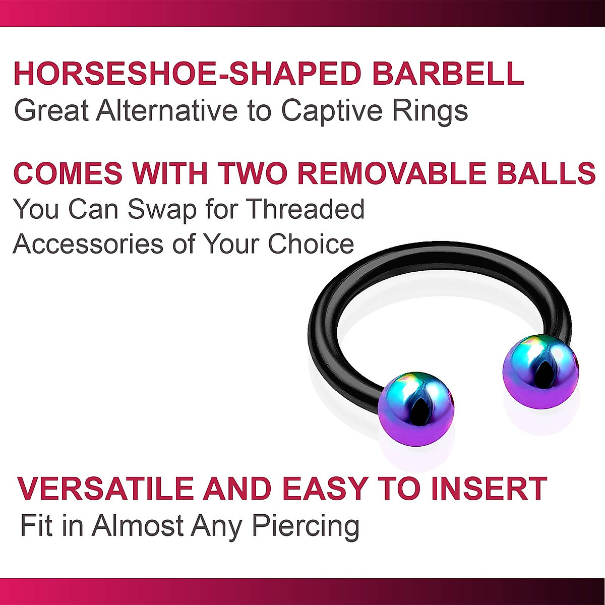 bodyjewellery 3pcs 16g Horseshoe Ring Lip Nose Septum Cartilage Hoop Tragus Forward Helix Black Anodized Steel Rainbow Balls - 8mm