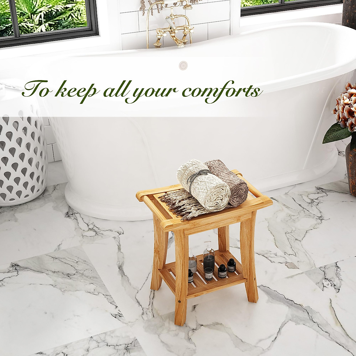 Unibambou Bamboo Shower Bench Inside Shower Stool with Storage Shelf, Spa Bath Chair for Bathroom, Seat or Organizer for Living Room, Bedroom and Garden - Great for All Ages Elderly (Small, Natural)