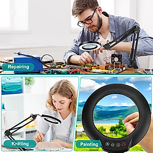 Drdefi 10X Magnifying Glass with Light and Clamp，Adjustable Swing Arm LED Lighted Desk Lamp, 5 Color Modes Stepless Dimmable Hands Free Magnifier Lamp for Craft Hobby Close Works Painting Reading