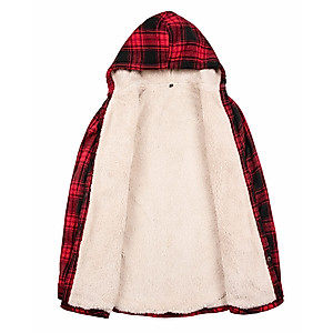 ThCreasa Flannel Shirt Jacket Women with Hood, Buffalo Plaid Sherpa Fleece Lined Button Up Hooded Flannel Jacket Women Red M