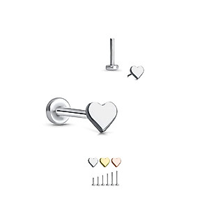 Rose-Tone 316 Stainless Steel Threadless Push Pin Nose Ring Labret Monroe Stud Heart, 3/8" (10mm) Post Length 18G