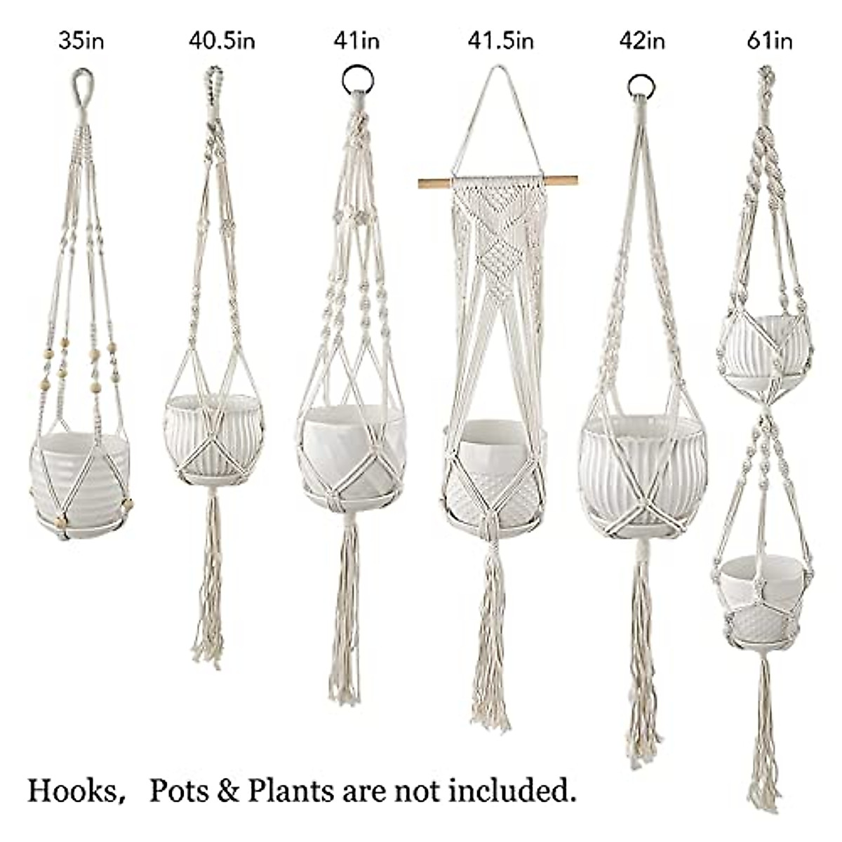 Whonline 6 Packs Macrame Plant Hanger, Plant Hangers Indoor Flower Pot Holder Handmade Cotton White Hanging Planter Basket for Plants Wall Window Outdoor Bedroom Boho Home Decor (6 Sizes)