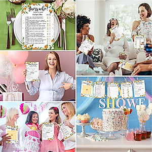 Yinder 145 Pieces Baby Shower Games for Boy or Girl Game Activities Cards with 20 Pencils Includes Baby Bingo Description and Wishes Guess Who Baby Price is Right, Word Scramble Game(Orange Style)