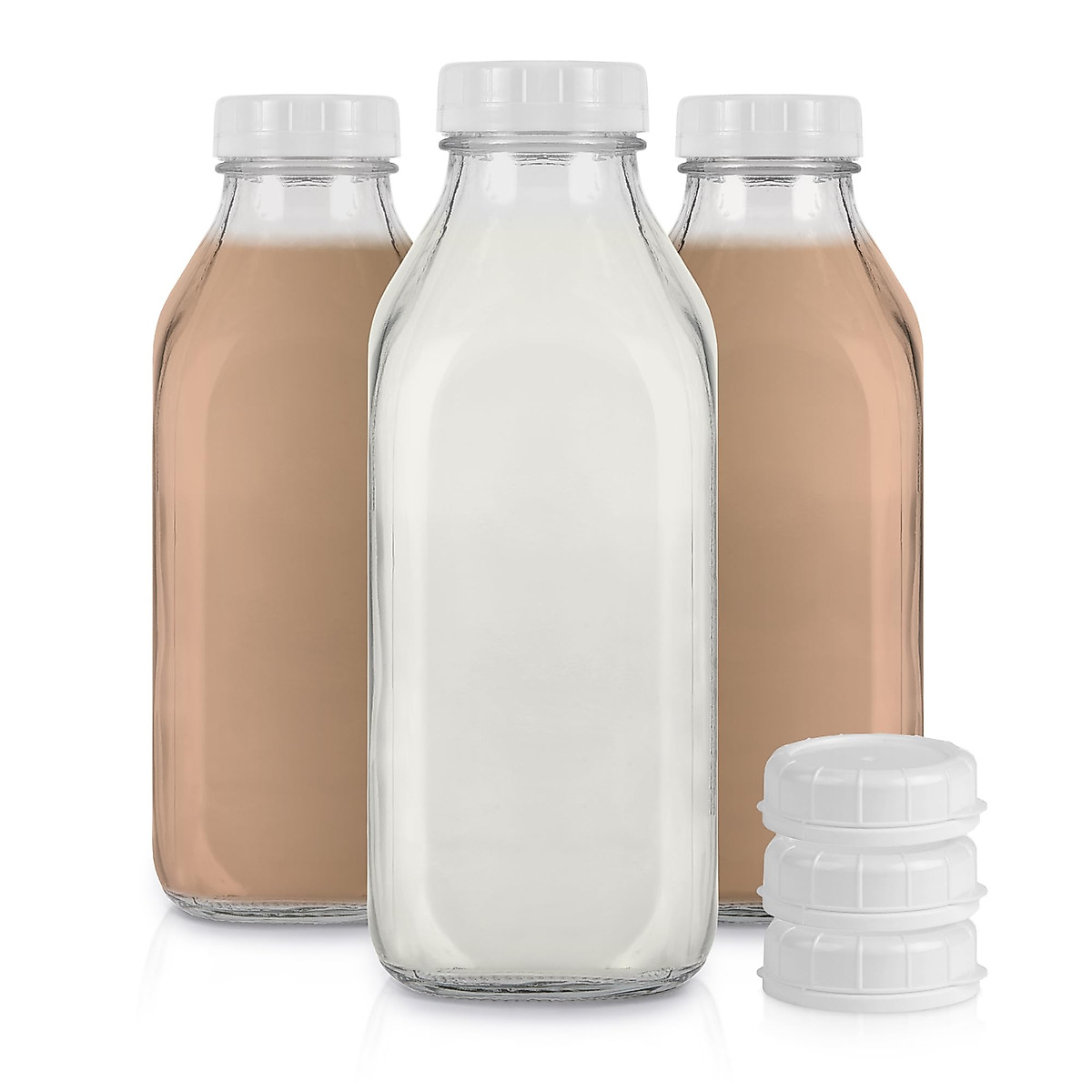 Stock Your Home Liter Glass Milk Bottle with Lid (3 Pack) 32 Oz Jugs and 6 White Caps, Reusable Food Grade Milk Container for Refrigerator, Bottles for Juice, Oat or Plant Milks, Water, Honey