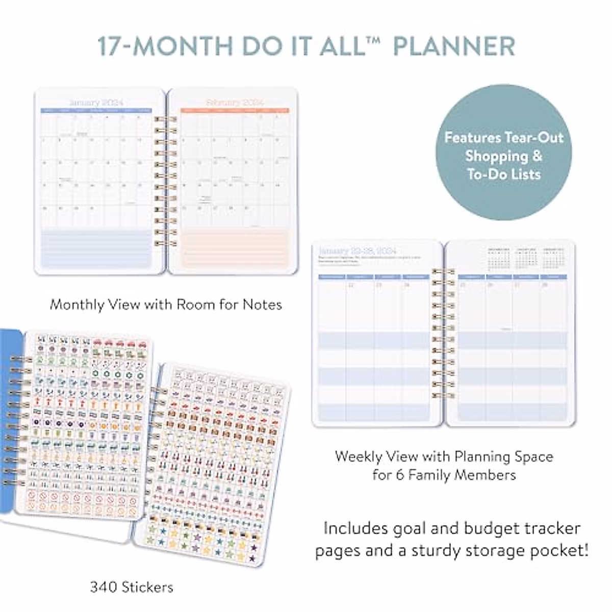 Orange Circle Studio Do It All 2024 Weekly Planner, 17-Month Wire-O Bound Calendar Book with Dotted Grid Week-Per-Spread View & To-Do Lists, Appointment, Budget & Goal Tracker for School/Work, Coral