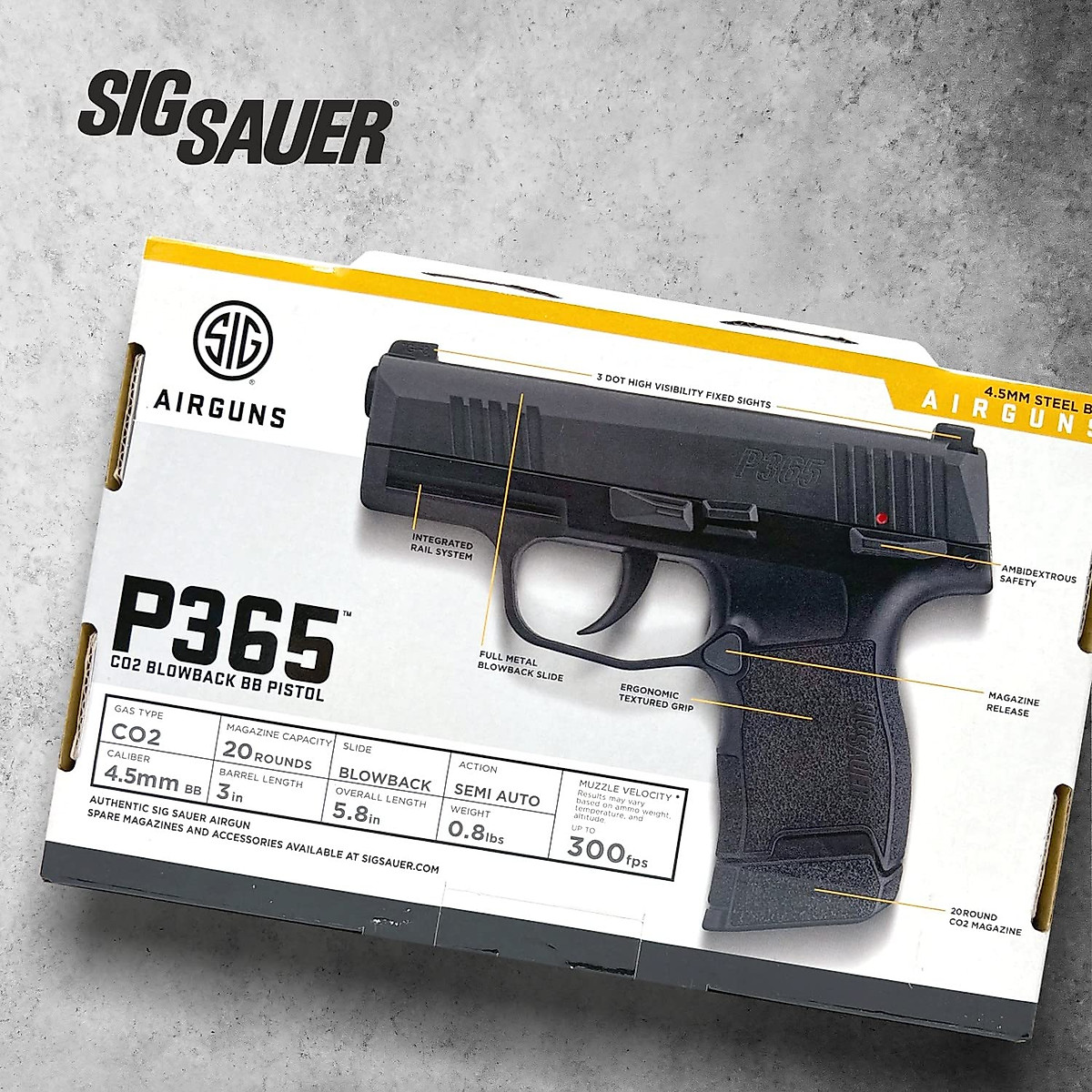 Sig Sauer P365 BB Blowback Air Pistol with CO2 12 Gram (5 Pack) and Pack of 100 Airgun .177/4.5mm Steel BBS Bundle