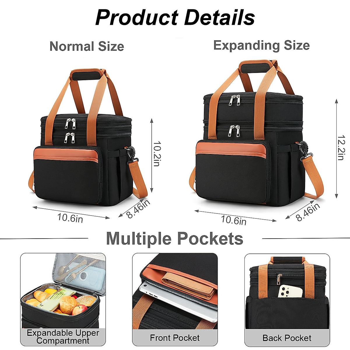 HSHPX Insulated Lunch Box Lunch Cooler Bag for Men: Expandable Large Lunchbox for Picnic Work Office Outdoor - Reusable Double Deck Lunch Tote for Adults Black Brown 15L