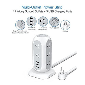 Tower Power Strip with 11 Outlets 3 USB Chargers, TESSAN Surge Protector Tower 1875W/15A, 6 Feet Extension Cord with Multiple Outlets, Flat Plug, Office Supplies, Desk Accessories, Dorm Essentials
