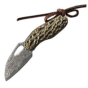 Cool Hand 2'' EDC Flip Joint Folding Knife, Small Pocket Knives w/ 1.25'' VG10 Damascus Steel Blade, Brass Handle w/Leather Lanyard，Tin Box Packaging