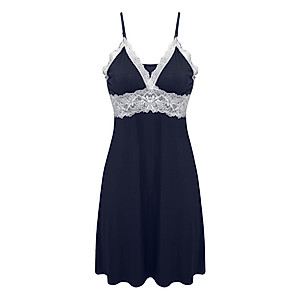 Ekouaer Sleepwear Womens Chemise Nightgown Full Slip Lace Lounge Dress, Navy, X-Large