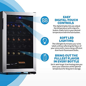 NewAir Compressor Wine Cooler Refrigerator in Stainless Steel | 33 Bottle Capacity | Freestanding or Built-In Fridge | UV Protected Glass Door with Digital Thermostat NWC033SS01