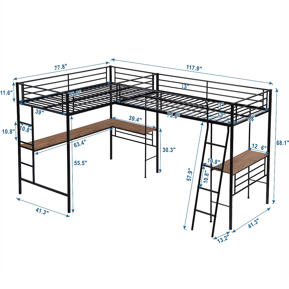 Quarte Simple Metal L-Shaped Loft Bed with Two Built-in Desks,Guardrails and Ladders,for Family Kids Teens,No Box Spring Needed