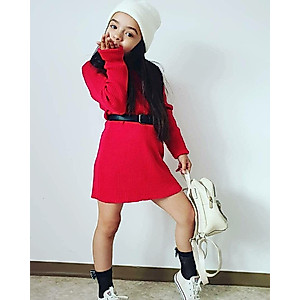 GOOCHEER Little Toddler Baby Girl Outfits Turtleneck Knit Sweater Dress Kids Solid Ribbed Long Sleeve Dresses +Belt Fall Clothes (A-Pink, 6-7 Years)