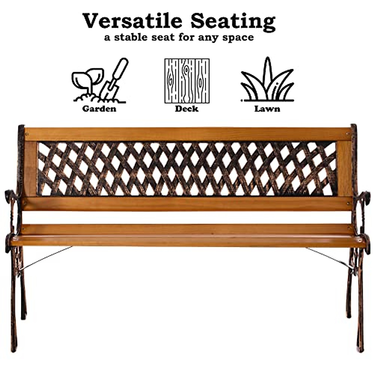 Gardenised QI003462L Outdoor Classical Wooden Slated Park, Steel Frame Seating Bench for Yard, Patio, Garden, Balcony, and Deck, Brown