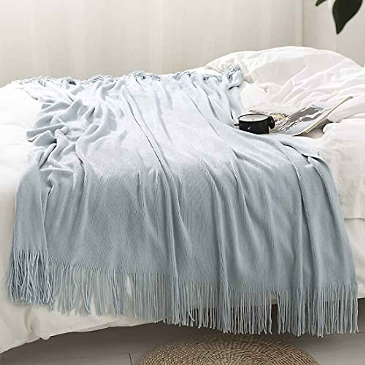Homiest Decorative Knitted Throw Blanket with Fringe Soft & Cozy Tassel Blanket for Couch Sofa Bed (Light Blue,50x60)