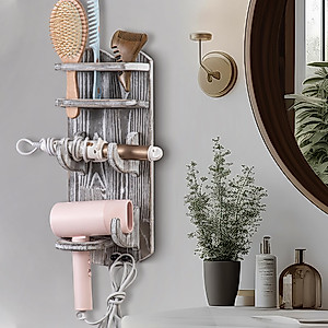 Besuerte Hair Tool Holder Wall Mount, Rustic Wooden Blowdryer Holder, Hair Dryer Holder for Bathroom, Hot Styling Tools Storage for Hair Dryer, Flat Iron, Curling Iron, Hair Straightener Brush