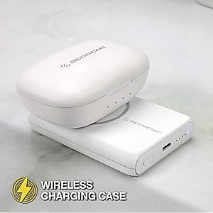 Scosche BTTWS2WT-SP2 ThudBuds Rechargeable Bluetooth 5.0 True Wireless White Earbuds, Magnetic Sport Clips, Wireless Charging Case, USB-C Cable, White