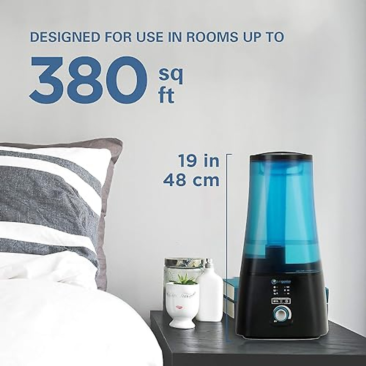 PureGuardian 2-Gallon Ultrasonic Warm and Cool Mist Humidifier with UV-C, Aromatherapy Tray, 100 Hours. Run Time, Covers 380 Sq. Ft., Quiet, Filter Free, Blue/Black, H5450BCA