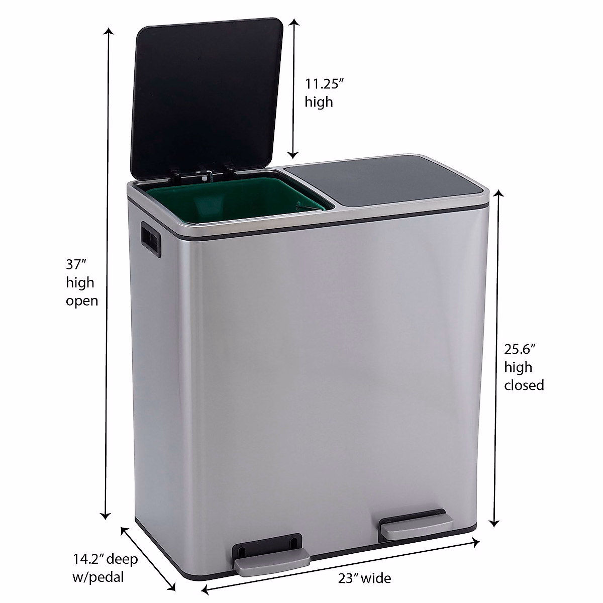 Design Trend Stainless Steel Dual Compartment Trash Can Recycler with Soft Close Lids | Two 30 Liter / 8 Gallon Bins, 60 Liter, Silver