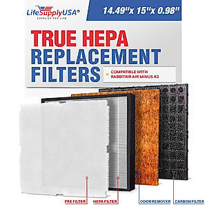 LifeSupplyUSA Set of 4 Replacement Filter Kit Compatible with RabbitAir Air MinusA2 SPA-700A & SPA-780A Air Units (Pre-Filter, Carbon, HEPA, and Odor remover)