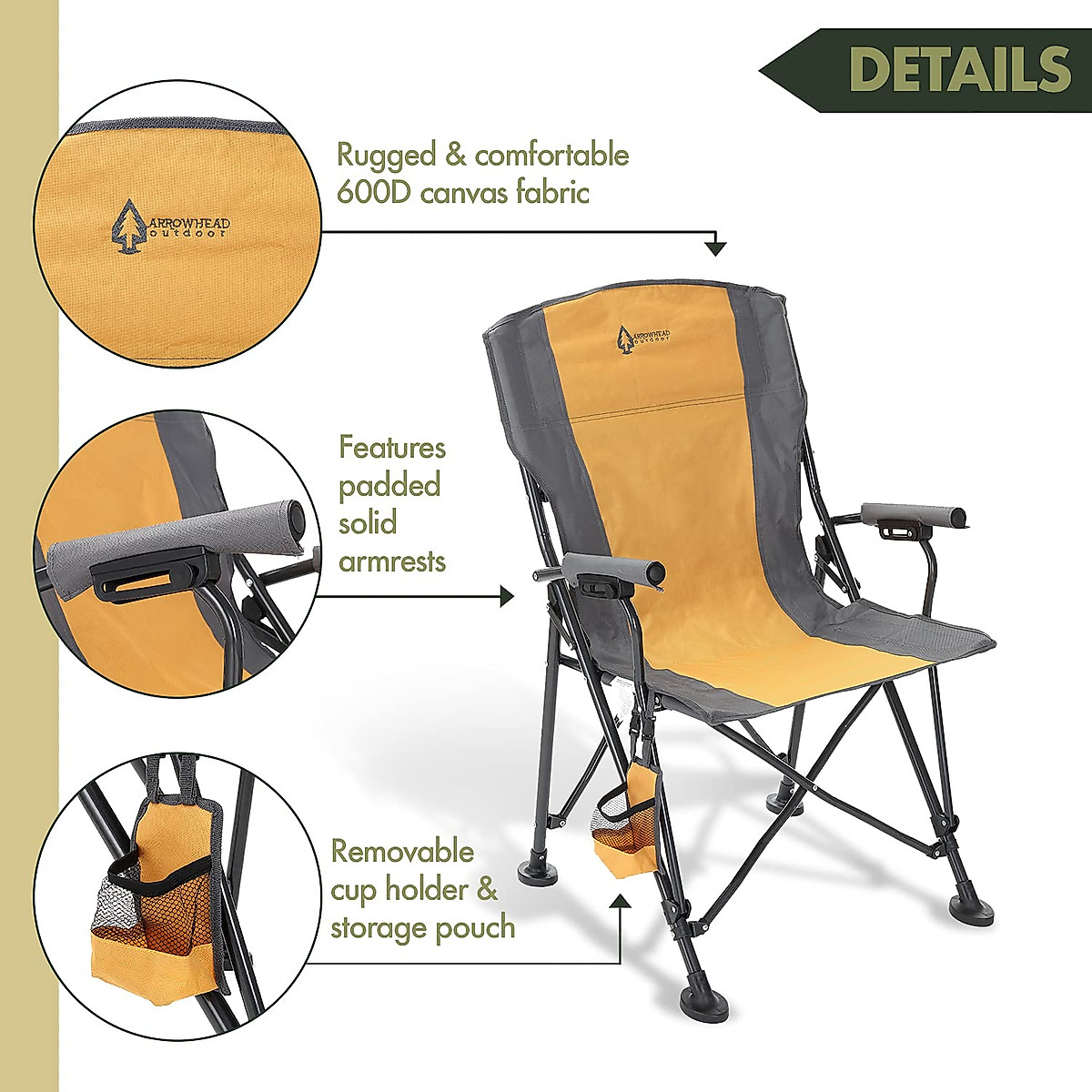 ARROWHEAD OUTDOOR Heavy-Duty Solid Hard-Arm High-Back Folding Camping Quad Chair, Heavy-Duty Carrying Bag, Cup Holder Included w/Side Pouch, Supports up to 400lbs, USA-Based Support (Tan & Gray)