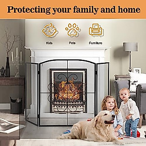 Gtongoko 3 Panel Fireplace Screen 48" W x 29" H Wrought Iron Decorative Fire Spark Guard Grate for Living Room Home Decor - Black