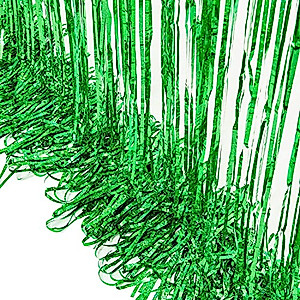 BRAVESHINE Green Glitter Tinsel Foil Fringe Curtains - 2 Pack 3.2 x 8.2 ft Metallic Photo Backdrop for St Patricks Day Tropical Hawaiian Jungle Safari Dinosaur Birthday Christmas Party Decorations