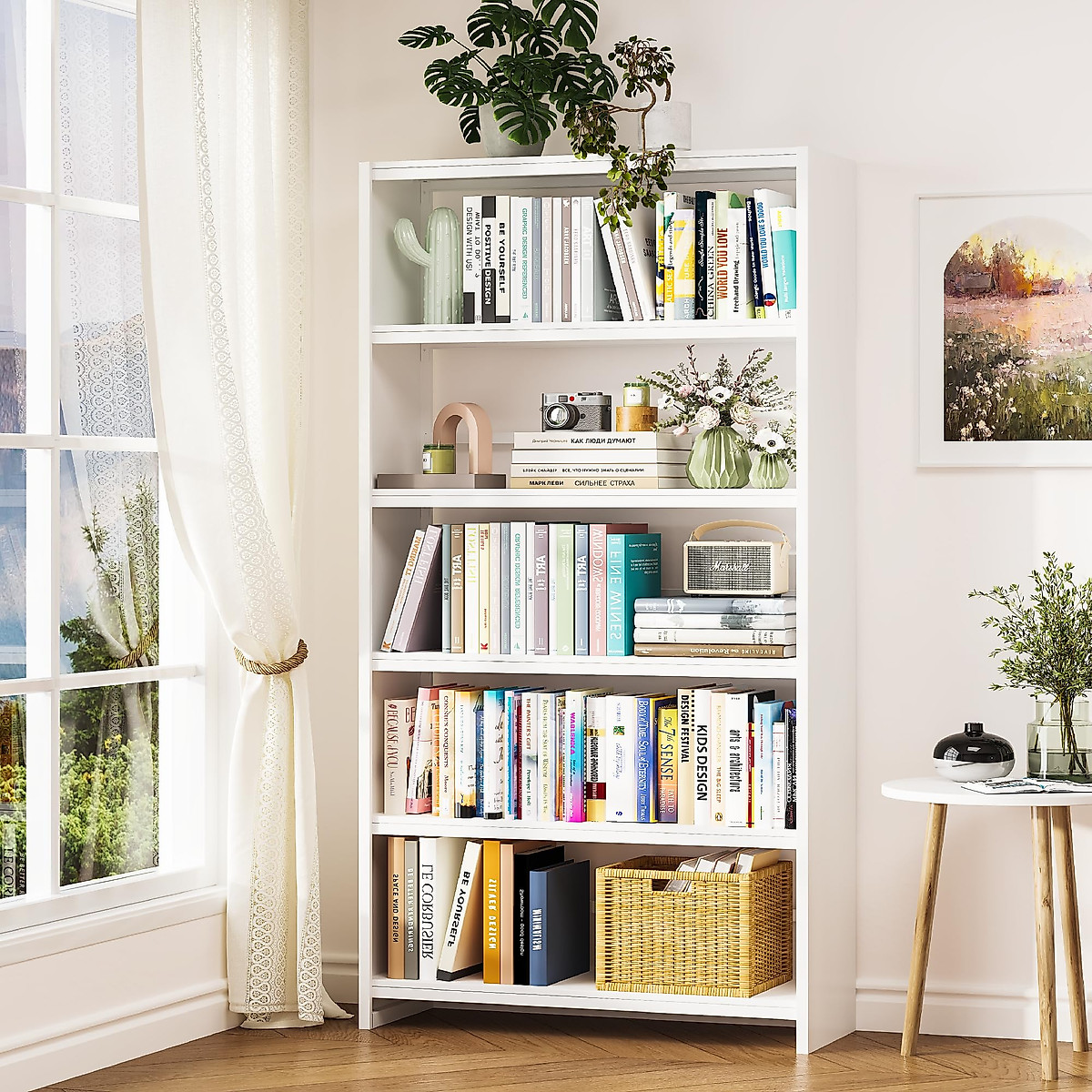 DUTYSEST 5 Tiers Metal White Bookshelf - 69.3" Tall Bookcase, Display Storage Shelves with Bookend, Heavy Duty Steel Bookshelves for Living Room, Office, Bedroom, Library