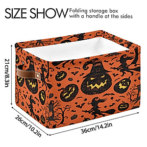 Wusikd Orange and Black Halloween Storage Basket Set of 1 Large Fabric Pumpkin Witch Storage Basket Bins Box Cube with Handles Collapsible Closet Shelf Clothes Organizer Basket for Nursery Bedroom