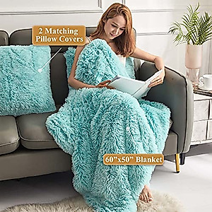 XeGe 3 Pieces Soft Faux Fur Throw Blanket Set, Fluffy Furry Blanket 50x60, Shaggy Plush Fuzzy Blanket with 2 Throw Pillow Covers 20x20 for Bed Couch Sofa Living Room Dorm Home Decoration, Aqua Ombre