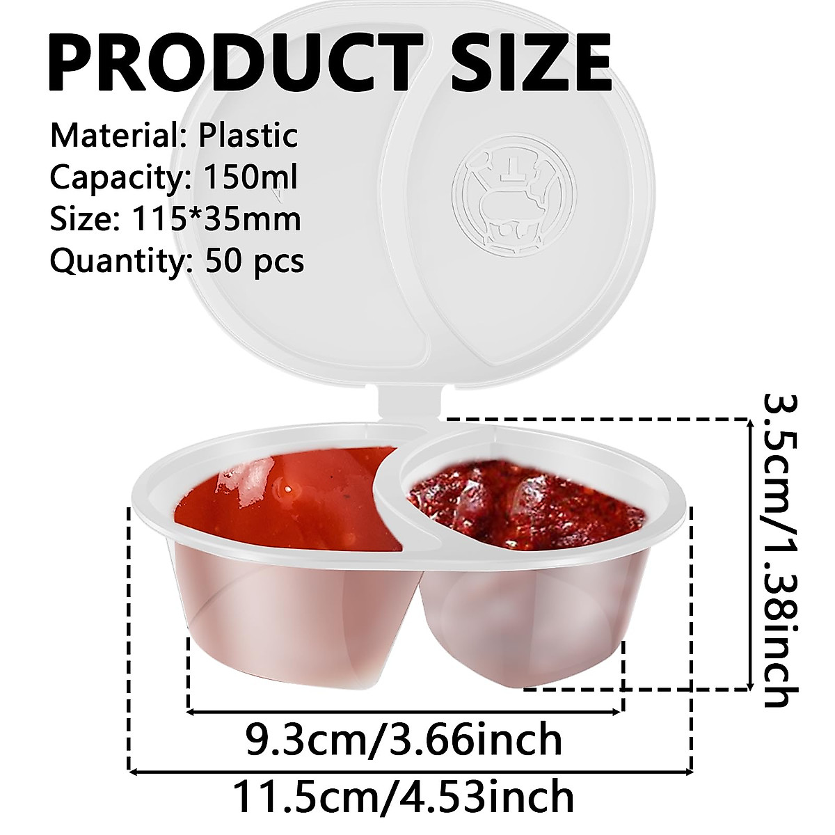 OWTWCNL 50Pcs Double Condiment Containers, Double Compartment Condiment Container with Lid, Leakproof Clear Plastic 150ml Portion Cups Chutney Chili Sauce Dips Snack Boxes