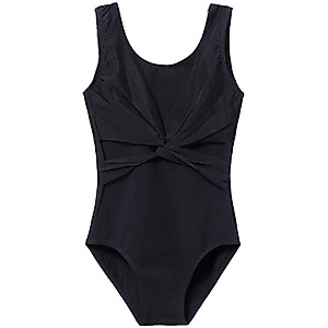 MdnMd Sleeveless Tank Leotard for Girls with Mesh Cross Front (Black, 12-14 Years)