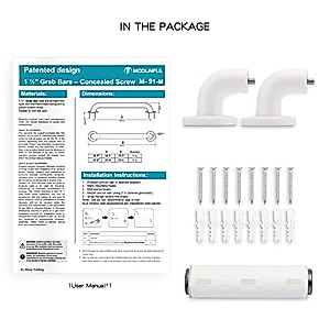 Stainless Steel Shower Grab Bar with Plastic-Plated Finish, Shower Grab Bars for Seniors, Luminous Circles and Cover Flange, Bathroom Handicap Handrails, White 12 inch