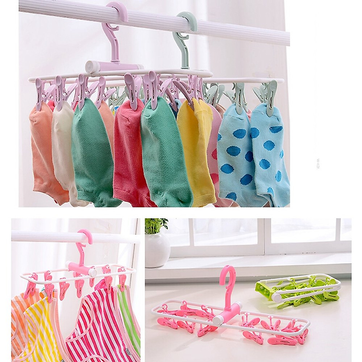 Inoutdoorkit Folding Travel Clip & Drip Hangers, Portable Plastic Clothes Underwear Socks Laundry Drying Hanger Rack With 12 Clips For Home Or Outdoor FPH12 (Light Purple)