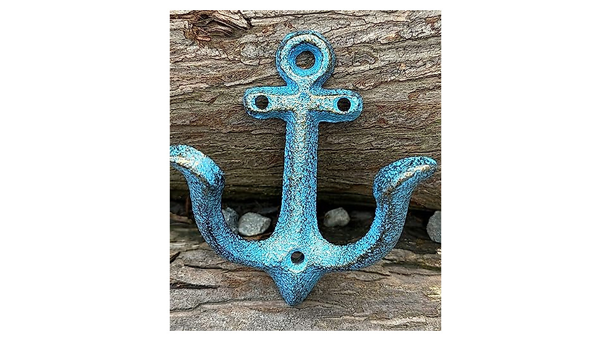 Nautical Anchor Cast Iron Wall Hooks - Blue Rustic Decor