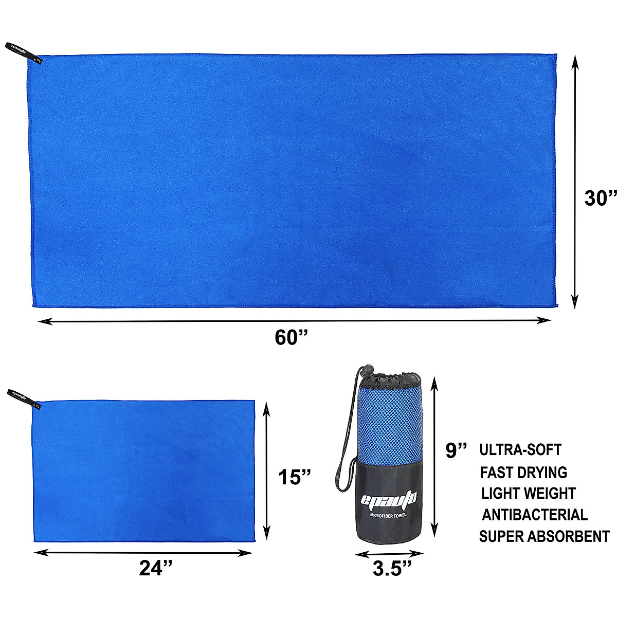 EPAuto Microfiber 2-Pack Fast Drying Towels (60" x30'') with Face/Hand Towel (24" X15'') for Travel, Beach, Backpacking, Camping and Gym