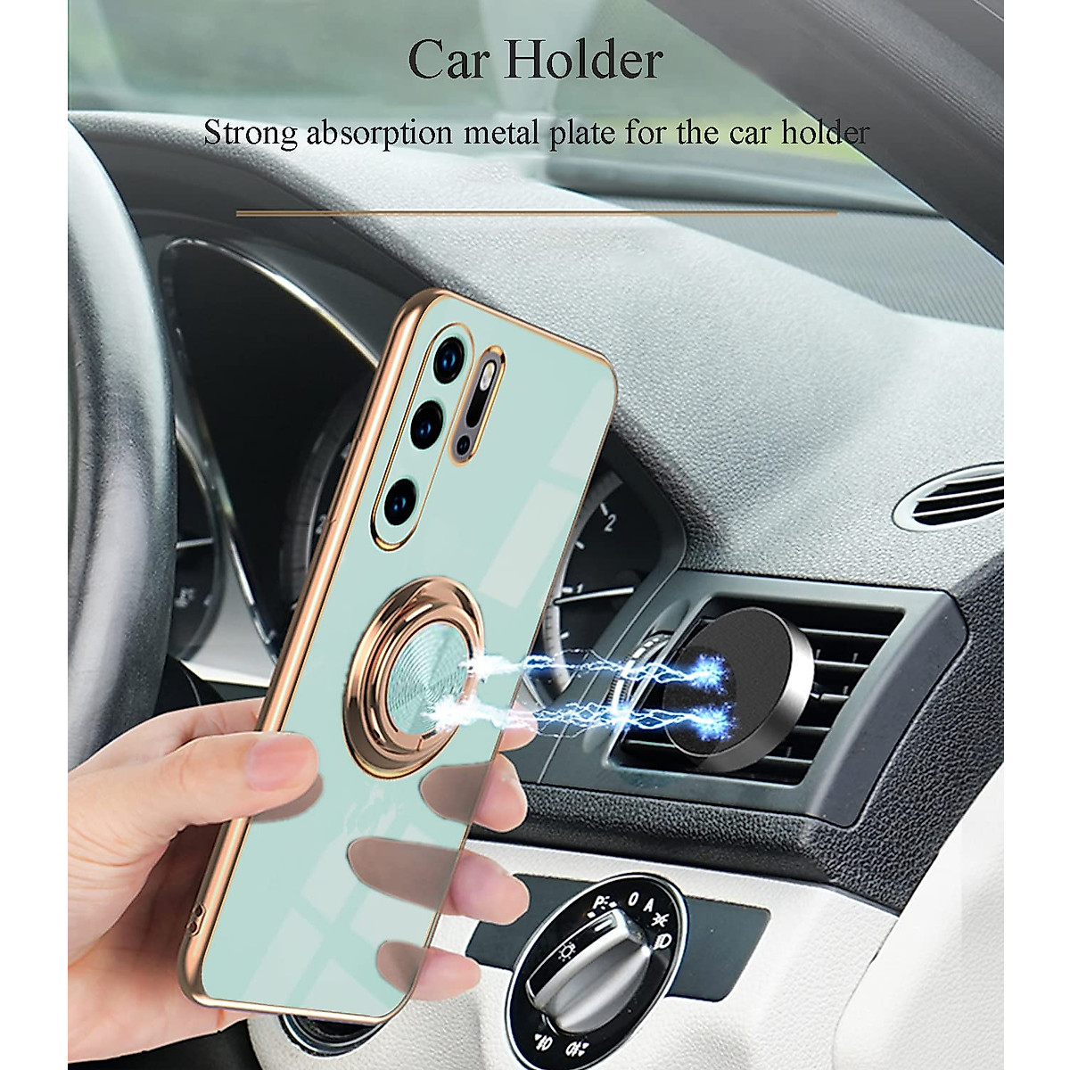 Compatible for Huawei P30 Pro Case Ring Holder Magnet Silicone, Huawei P30 Pro Phone Case Thin Protective Case Aesthetic Black 360° Rotatable Metal Stand (Green)