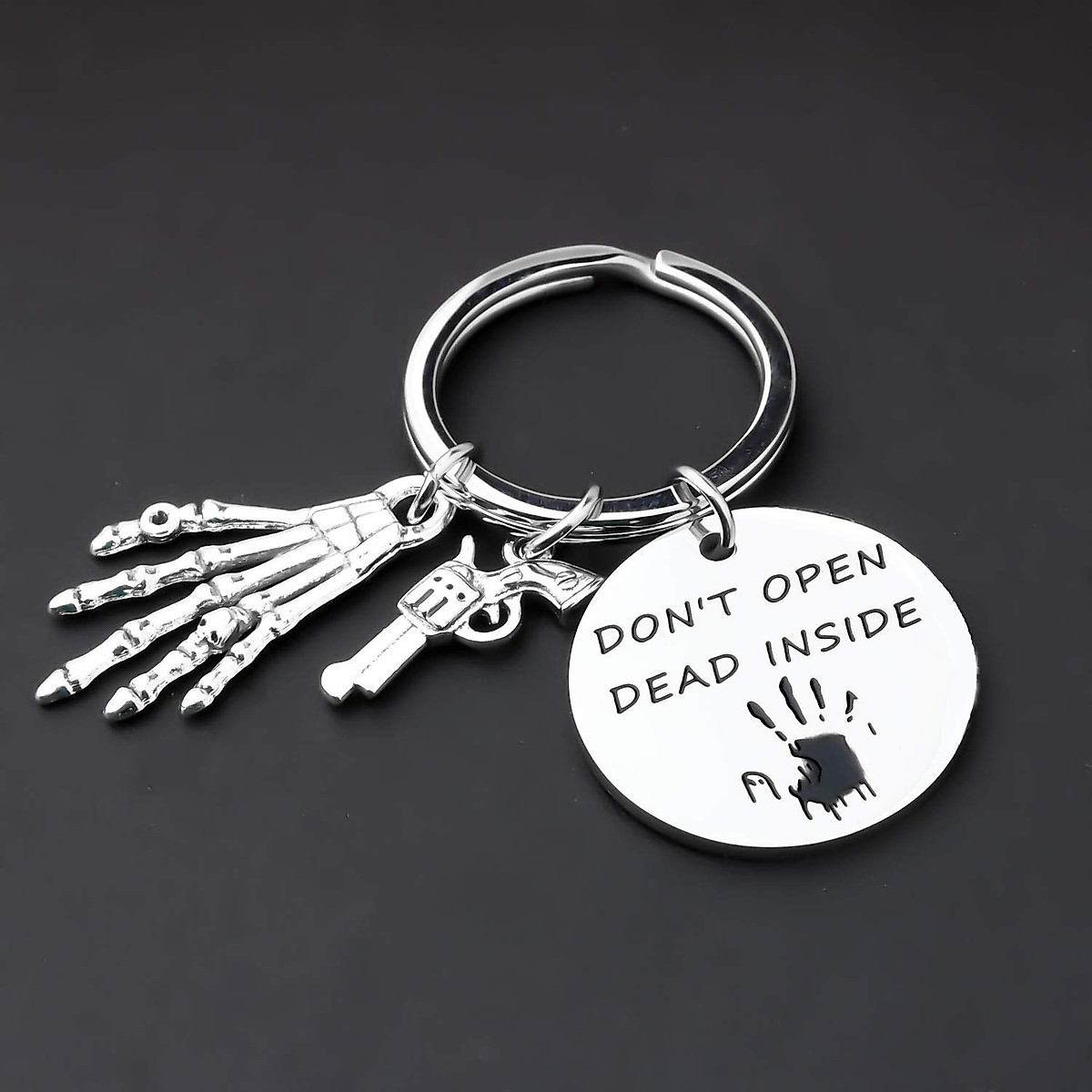 AKTAP Horror Zombie Movie Inspired Keychain Don’t Open Dead Inside Zombie Keyring for Walking -D Fans Gift