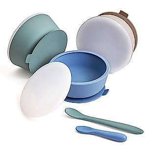 VITEVER 3 Pack Silicone Baby Bowls with Suction, Food Grade Silicone Toddler Bowls with Lids and Spoons, First Stage Set, BPA Free, Dishwasher, Microwave & Freezer Safe