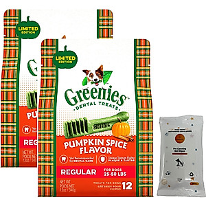 Aurora Pet Bundle (2) Pumpkin Spice Flavor Regular Size Dog Dental Treats (12-oz Bags) with AuroraPet Wipes
