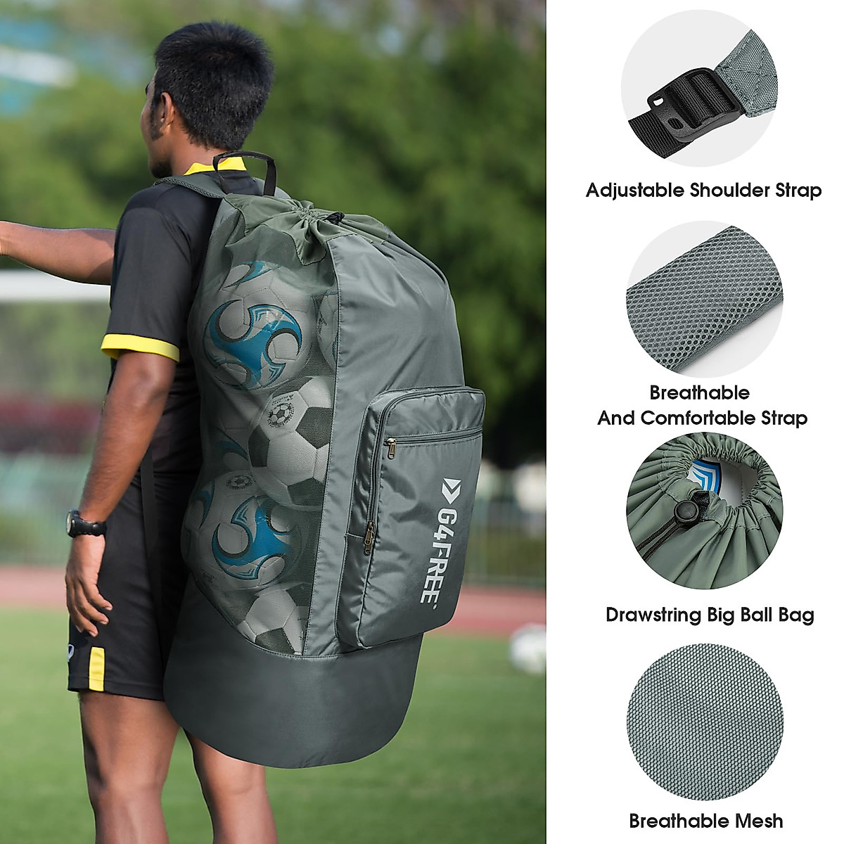 G4Free Extra Large Mesh Ball Bag Soccer Ball Bag Basketball Bag Football Bag Equipment Large Storage Carry Bag Volleyball Bag for Soccer Basketball Football Volleyball Swimming Grey