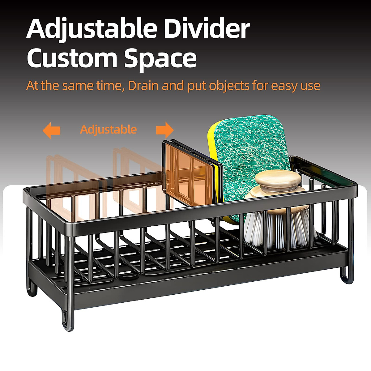 Hovadova Kitchen Sink Caddy Sponge Holder for Kitchen Sink Counter, Rustproof 304 Stainless Steel Dish Sponge Organizer with Removable Divider, Soap Brush Holder Kitchen Sink Accessories, Black