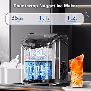 Nugget Ice Makers Countertop with Soft Chewable Pellet Ice, Pebble Ice Maker Machine with Self-Cleaning, 35.5Lbs/24Hrs, One-Click Operation, Ice Basket/Ice Scoop for Home/Office/Bar, Black
