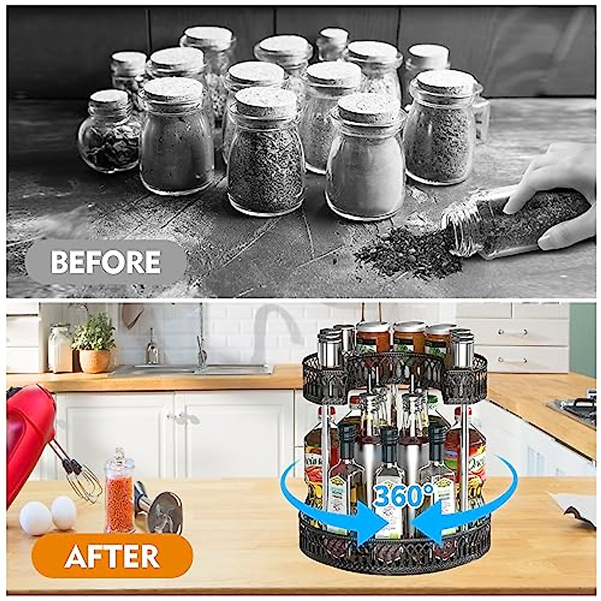 Detoypapa 2 Tiers Lazy Susan Organizer for Countertop - Spice Rack Organizer Height Adjustable Turntable Organizer - Cabinet in Kithen, Bathroom, Pantry Organizers and Storage - Black