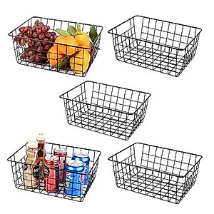 5PCS Wire Storage Baskets, Premium Metal Storage Organizer Basket, Small Size Metal Baskets for Home Office Kitchen, Black