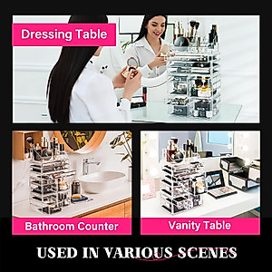 DreamGenius Makeup Organizer 4 Pieces Acrylic Makeup Storage Organizer Box with 9 Drawers for Lipstick Jewerly and Makeup Brushes, Stackable Cosmetic Display Cases for Dresser and Bathroom Countertop