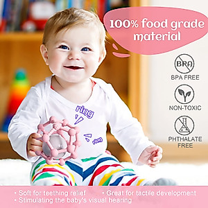 Baby Teethers Toys Silicone Soft Ball Easy to Hold Teether for Sensory Ball Exploration & Teething Stress Relief Molar Ball Soothing Teether Toy Baby Ball for Ages 0 Months+,(Rattle Teether Ball-Pink)