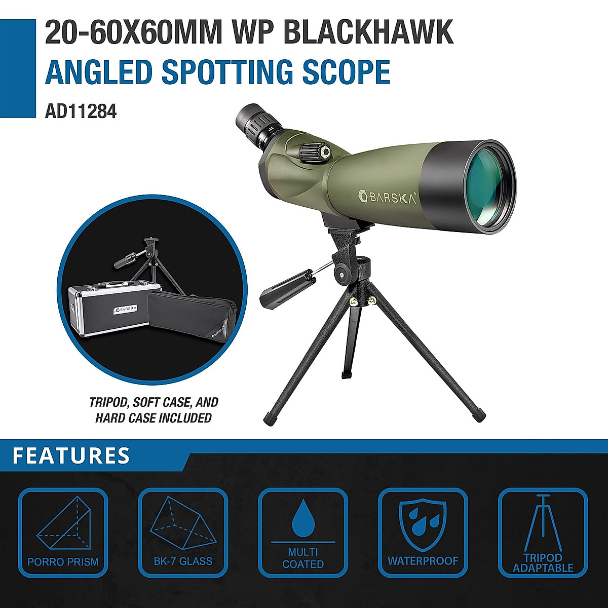 Barska AD11284 Blackhawk 20-60x60 Waterproof Spotting Scope with Tripod & Cases for Birding, Target Shooting, Sports, etc , Green