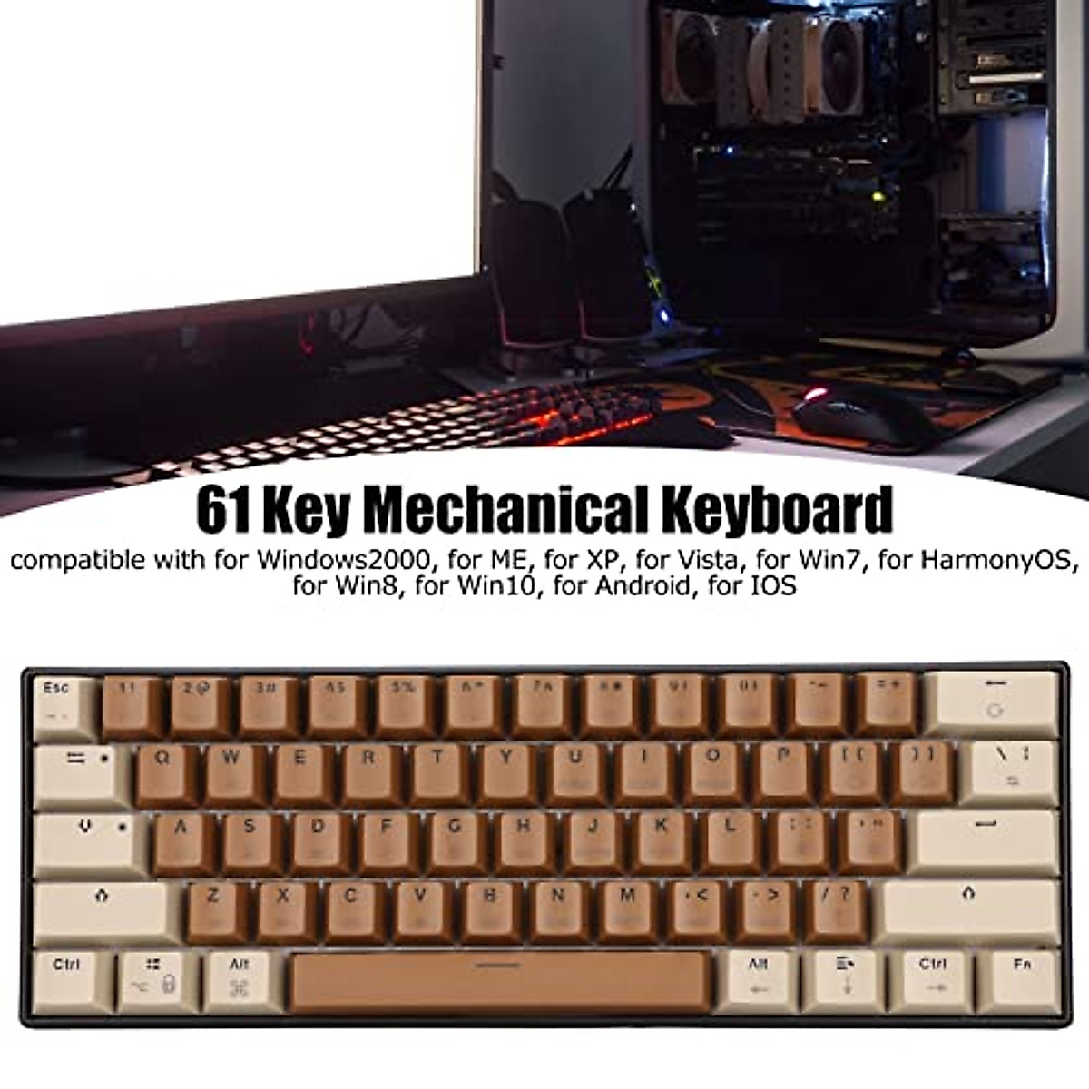 Garsentx 61 Keys Mechanical Gaming Keyboard with Mixing RGB Light, Tea Brown Patchwork Color USB C Ergonomic Keyboard Compatible with Win 2000/ME/XP/Vista/7/OS/8/10(Black Shaft)